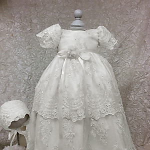 Newdeve Long Baptism Dresses for Baby Girls Christening Gowns Toddler with Bonnet White