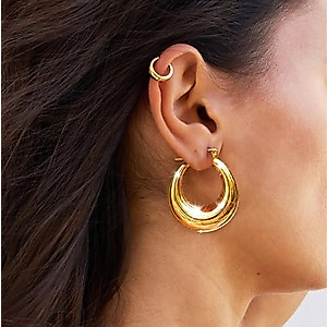 Tewiky Chunky Gold Earrings for Women, 14k Plated Small Hoop Hypoallergenic Oval Women Trendy Fashion Hoops Jewelry Gifts