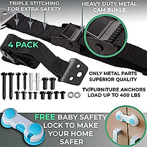 Family Care Metal Anti Tip Furniture Straps/TV Safety Straps (4 Pack+Gift) Kit -Secure 400lb- Earthquake Straps for Bookcases - Furniture Wall Anchors for Baby Proofing - Anti Tip Furniture Anchors