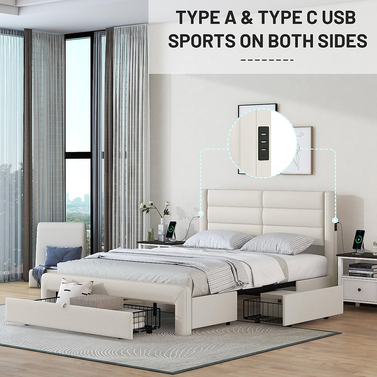 Queen Bed Frame with 3 Storage Drawers, Faux Leather Platform Bed with Headboard and Charging Station, Queen Size Bed Frame with Slats Support and USB Port, No Box Spring Needed, Beige