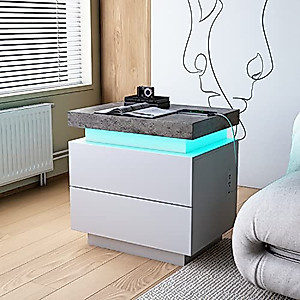 LED Nightstand with Charging Station - Solid Wood LED Bedside Tables End Side Table with 2 USB Ports and 2 AC Outlets - Easy Assembly Modern Night Stands for Bedroom with 2 Sliding Drawers - White