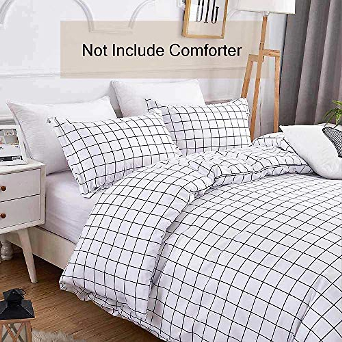 Twin Size Duvet Cover Set, White Plaid Microfiber Down Quilt Bedding Cover with Zip Ties, Farmhouse for Women Men Boys Girls Teen , 2 Piece - 68x90 inch XL Extra Long, Prepy College Dorm Grid Bed Sets