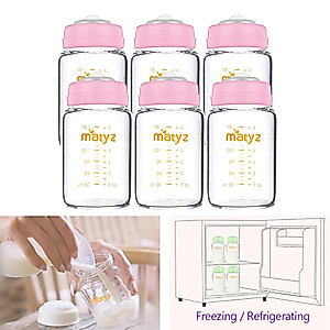 Matyz Glass Breastmilk Storage Containers, 6 Pack, 6 oz bottle, Compatible With Spectra Medela Philips Pump - Freezer Safe Storage Bottles Set - Leakproof Glass Baby Bottles - BPA Free (Pink Lids)