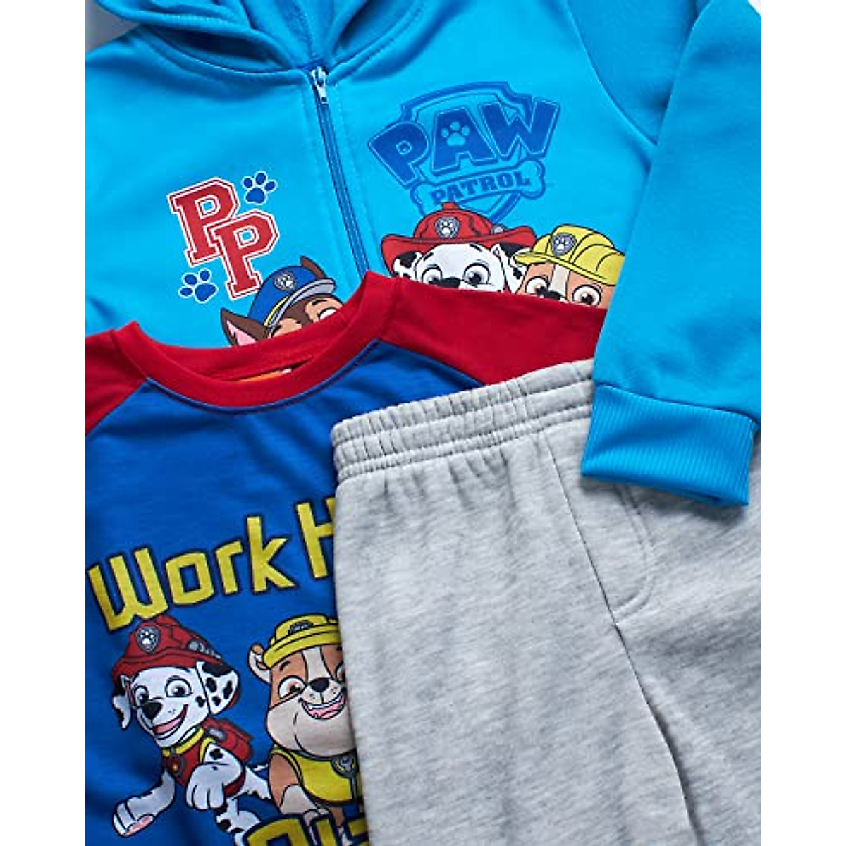 Nickelodeon Boys' 3 Piece Sweatsuit Set - Jogger Pants, Zip Up Hoodie Sweatshirt, and T Shirt (2T-7), Size 4, Work Hard/Black/Grey