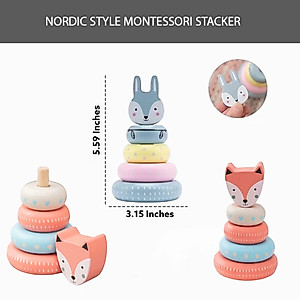Wooden Stacking Toys for 2 3 4 Year Old, Unisex Toddler Toys, Baby Boy Toys, Montessori Toys for 2 3 4 Year Old, Rings Stacker, Educational Learning Stacking Tower, Wooden Toys (Rabbit Topper)