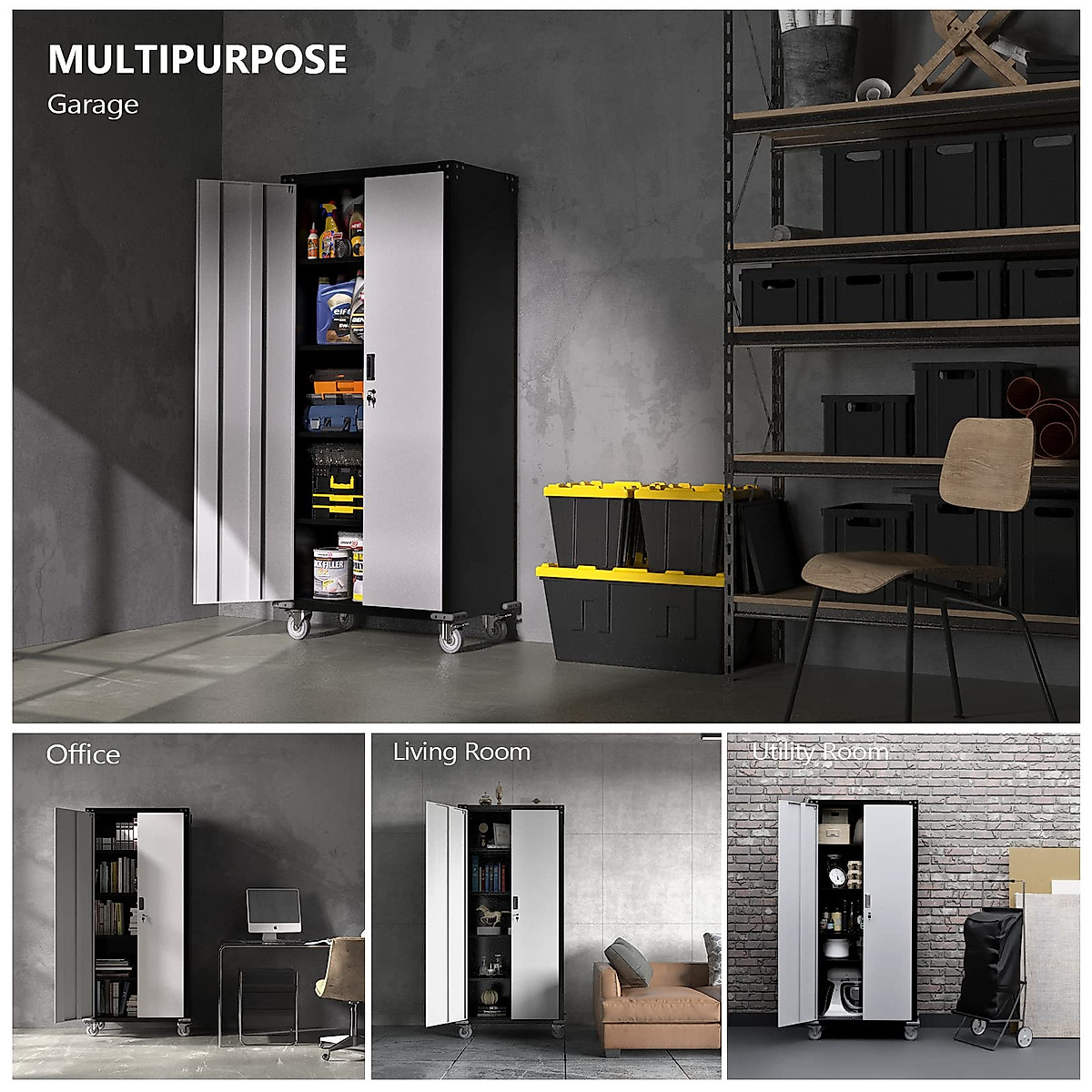 Bonnlo 72" Tall Sliver&Black Garage Storage Cabinets with Locking Doors and 4 Adjustable Shelves, Metal Storage Cabinets with Wheels for Garage, Office, Kitchen, Laundry&Utility Room, 32W x 16D x 72H