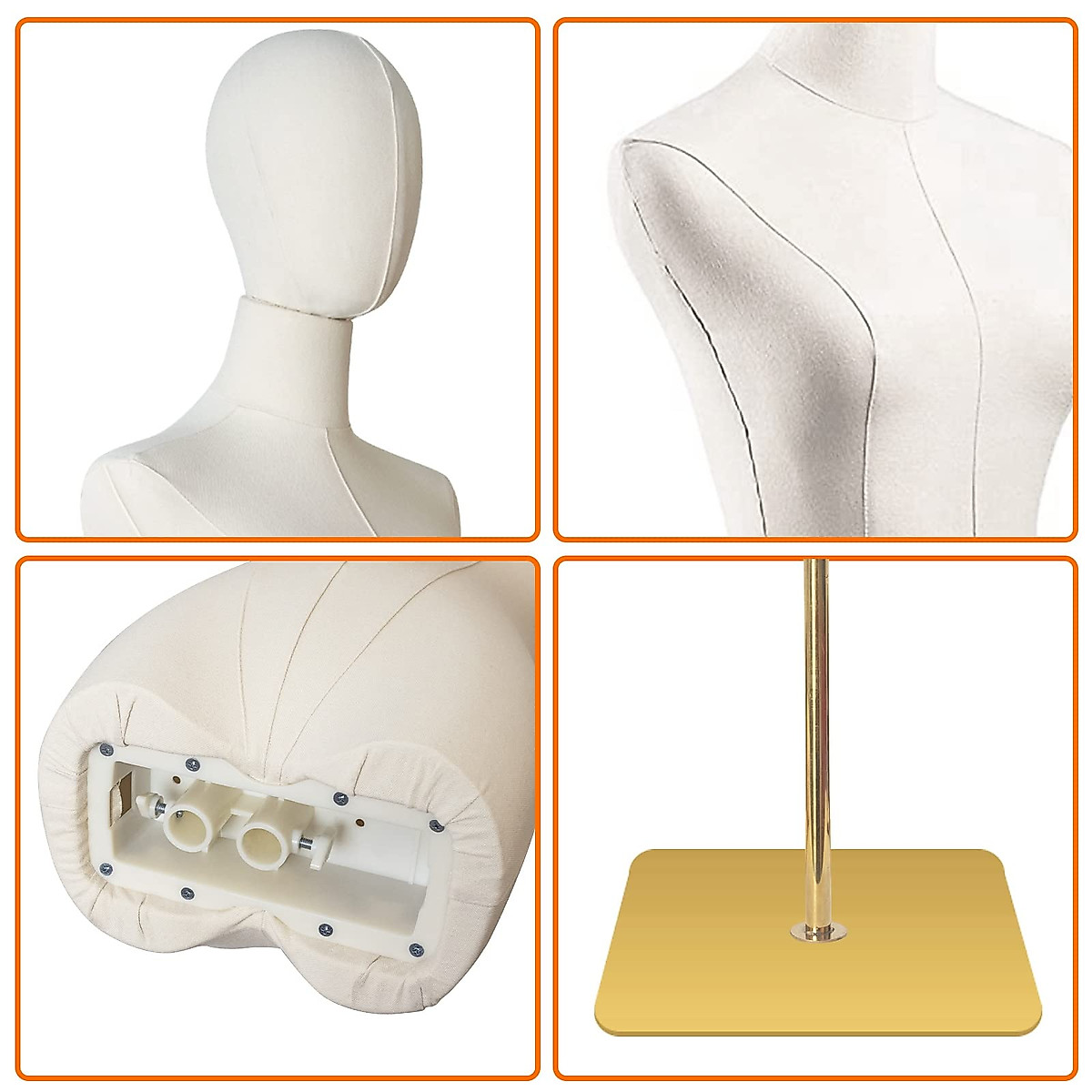 Female Mannequin Torso Dress Forms for Sewing Manicanequin Body Gold Metal Stand Detachable Head for Clothing Dress Jewelry Display, No Hands