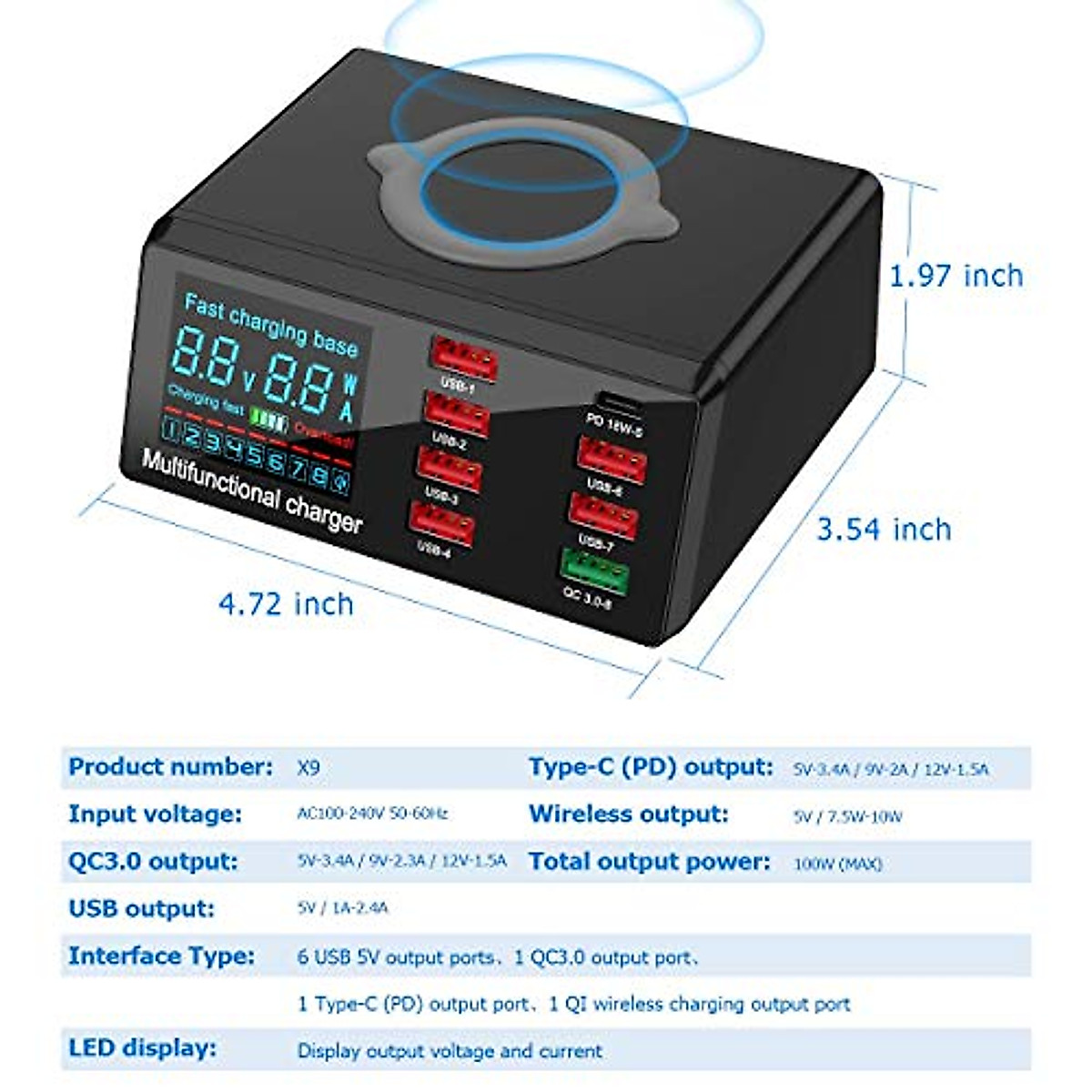 FUHAOXUAN 8-Port USB Fast Charger 100W USB hub Fast Charging Station Compatible with All Phone iPhone 11/11 Pro / 11 Pro Max iPhone X/XR/XS/XS Max iPhone 8/8 Plus