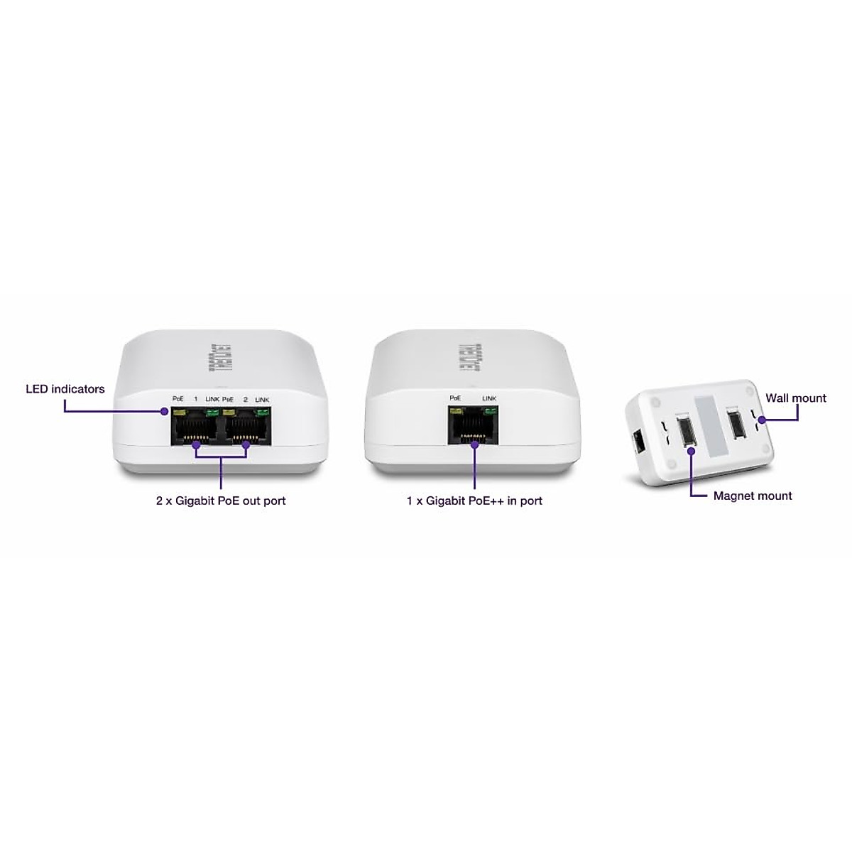 TRENDnet 2-Port Gigabit PoE++ Extender, 1 x Gigabit PoE++ in Port, 2 x Gigabit PoE Out Ports, Extends 100m (328 ft) Up to 200m (656 ft), Daisy Chain 4 Units for up to 500m (1640 ft), Black, TPE-BE200