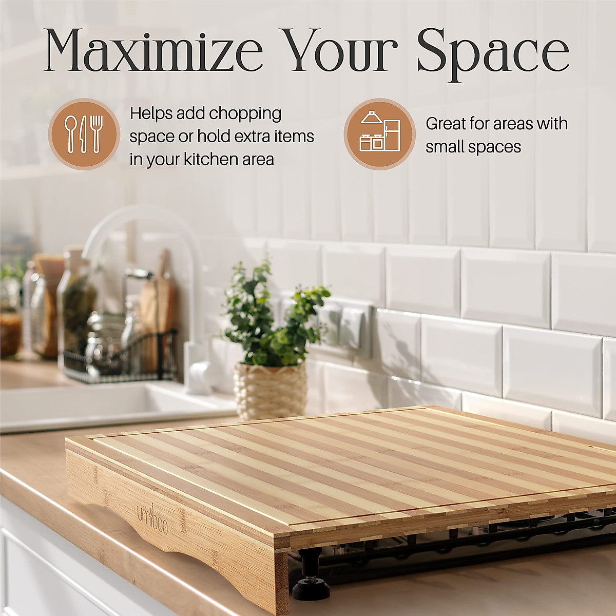 Umiboo Bamboo Wooden Gas Stove Top Covers and Cutting Board - Adjustable Legs for RV or Small Kitchen