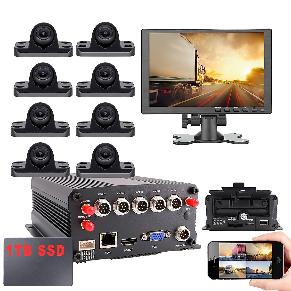 JOINLGO 8-CH Mobile DVR Backup Camera System 10" HD Screen Remote Monitor on PC Phone GPS WiFi 4G SIM 1080 Vehicle Car DVR MDVR Video Recorder with Mini Waterproof Car Cameras for Truck/RV/Bus