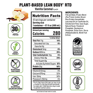 Lean Body Ready-to-Drink, Plant-Based Vegan Vanilla Caramel Protein Shake, 30g Protein, No Artificial Flavors, Sweeteners or Colors, Non GMO, Gluten Free, Premium Pea & Rice Blend (Pack of 12)