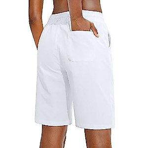 Viodia Women's Bermuda 10" Long Shorts with Pockets Cotton Sweat Lounge Shorts for Women Jersey Athletic Knee Length Shorts for Summer White