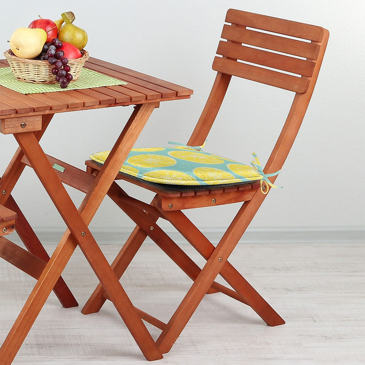 Lunarable Yellow and Blue Chair Seating Cushion Set of 4, Citrus Pattern in Hand Drawn Style Watercolor Grunge Lemon Slices, Anti-Slip Seat Padding for Kitchen & Patio, 16"x16", Turquoise and Yellow