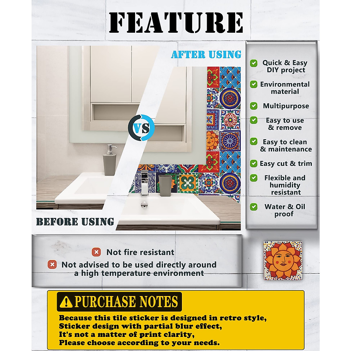 Cendray 24Pcs Tile Stickers Wall Decor Bathroom Kitchen Wall Sticker Waterproof PVC Decoration Stickers - 2D Sticker with Retro Design in Mosaic Style (4 x 4 Inch)