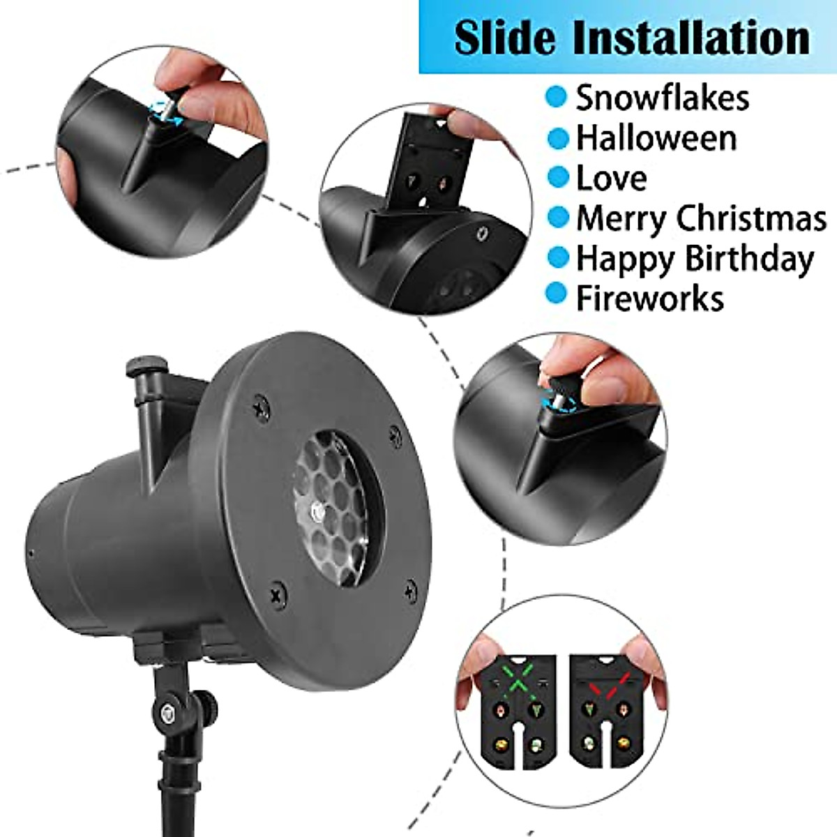 Christmas Projector Lights,Waterproof IP65 Holiday Lights Projector Lawn Projector Lamp Snowstorm Landscape Spotlight Show with 6 PCS Pattern Card for Indoor Outdoor Garden Lawn Birthday Decoration