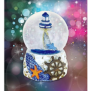 Puzzled Resin Seashell with Blue Lighthouse Snow Globe (65mm), 3.5 Inch Figurine Intricate & Meticulous Detailing Art Handcrafted Tabletop Centerpiece Accent Nautical Ocean Sea Life Theme Home Décor