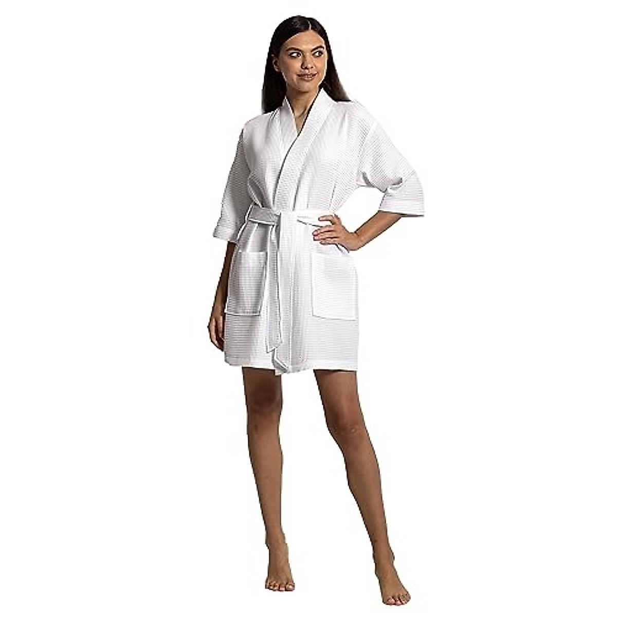 Chakir Turkish Linens Lightweight - Quick Dry Waffle Knit Bath, Spa and Bridesmaids Kimono Short Robe (White, One Size)