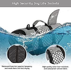 HiPeep Ripstop Dog Life Jacket Adjustable Dog Life Vest Safety Lifesaver Puppy Life Preserver Superior Buoyancy Swimming Boating Rescue Handle Shark Design for Small Medium Large Dogs（Silver,L）
