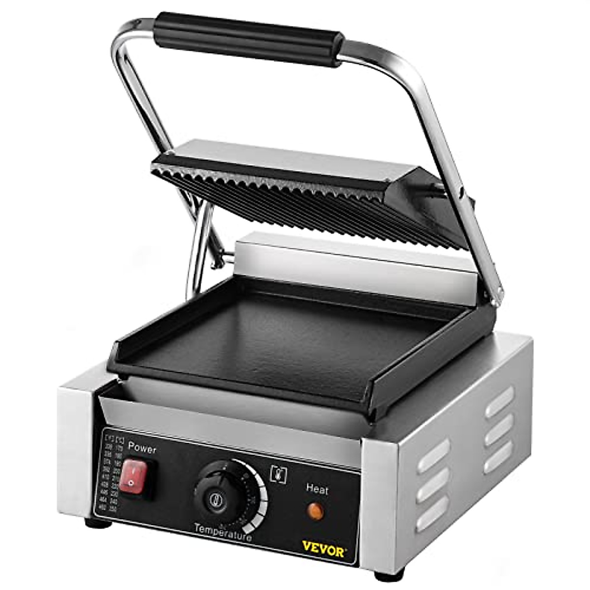 Happybuy Commercial Sandwich Panini Press Grill,110V 1800W Up Grooved and Down Flat Plates Electric Sandwich Maker, Temperature Control 122°F-572°F for Hamburgers Steaks Bacons
