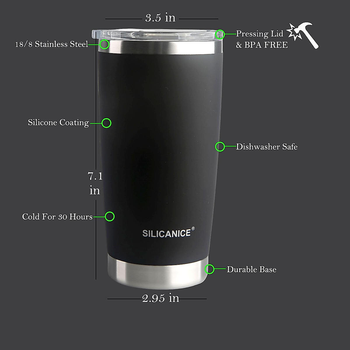 SILICANICE Gray The Only Soft Touch 20oz Stainless Steel Insulated Tumbler with MacSlider Lid-Spill Proof,Dishwasher Safe,Durable Thermal Cup for Hot/cold Coffee, Water & Smoothies