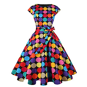 PUKAVT Women's 1950 Boatneck Cap Sleeve Vintage Swing Cocktail Party Dress with Pockets Black ColorfulDot M