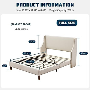 QNZK Upholstered Platform Bed Frame with Linen Headboard, Golden PVC Material Edge, Metal Frame Wooden Slat Support, No Box Spring Needed, Wood Foot Easy to Assemble & Noiseless (Beige, Full)