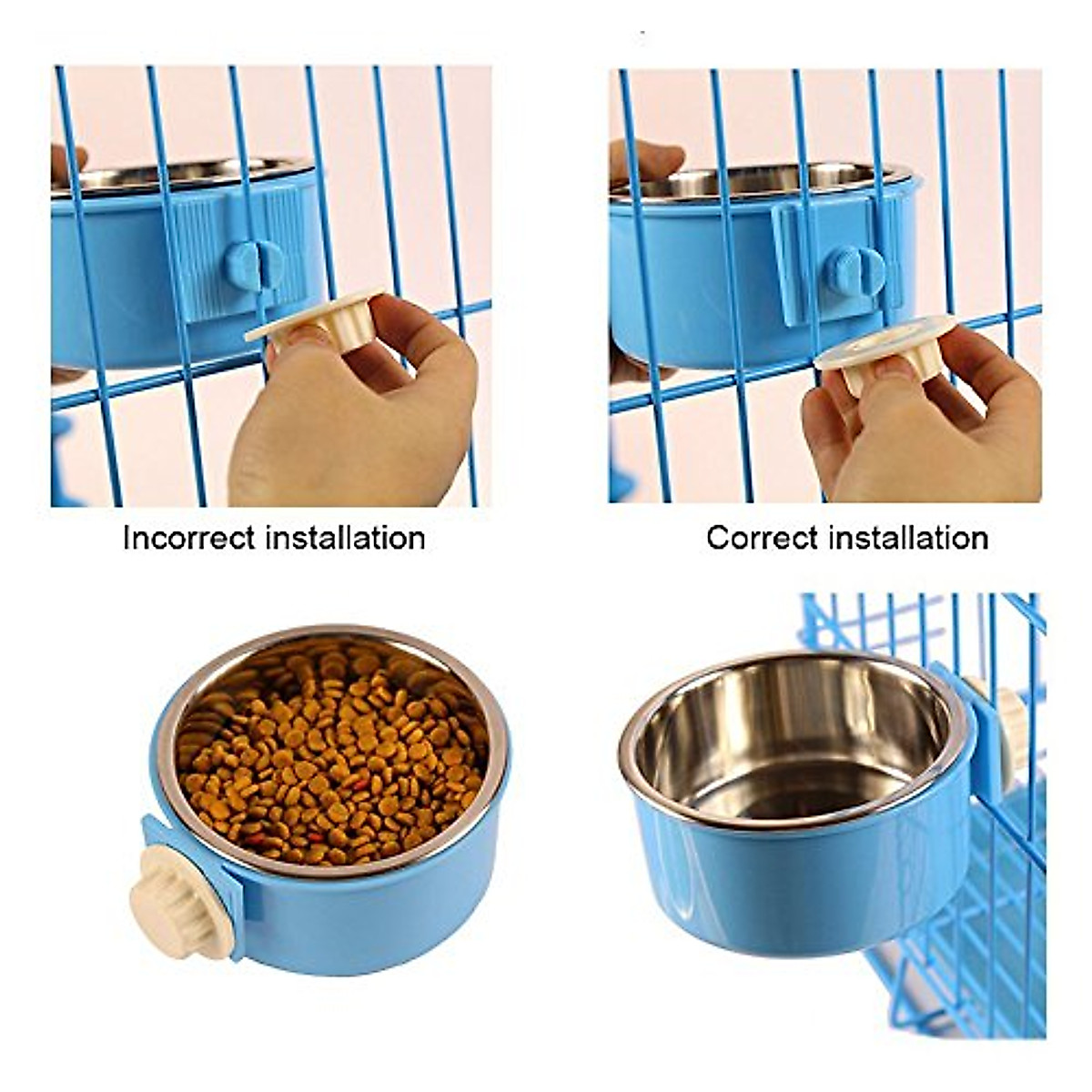 RUBYHOME Dog Bowl Feeder Pet Puppy Food Water Bowl, 2-in-1 Plastic Bowl & Stainless Steel Bowl, Removable Hanging Cat Rabbit Bird Food Basin Dish Perfect for Crates & Cages, Blue