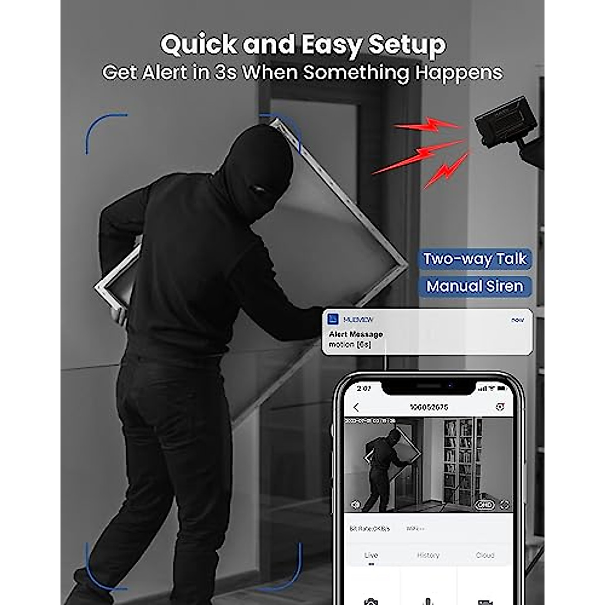MUBVIEW Cameras for Home Security, Indoor Camera Wireless with Phone App, 1080P Battery Powered Camera, 30ft Night Vision, 2.4GHz, Human Detection, Siren and APP Alert, Two-Way Audio, Cloud/SD