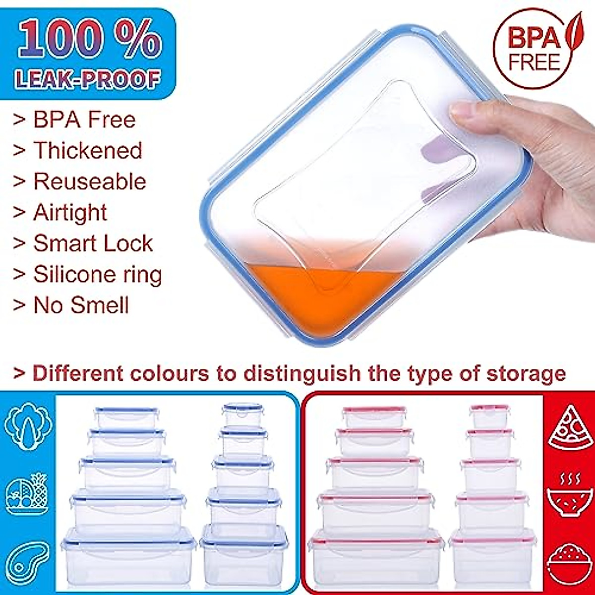 AdanZst 40-Piece Reusable Food Storage Containers with Lids Airtight, 100% Leakproof Plastic Meal Prep Storage Food Grade Kitchen Organizer, Stackable Freezer Containers, Microwave & Dishwasher Safe