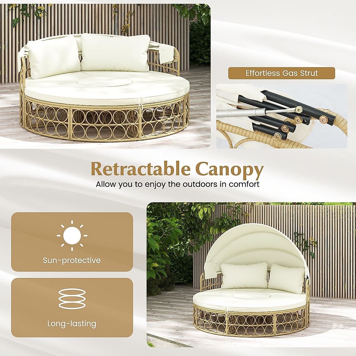 Tangkula Outdoor Patio Round Daybed with Retractable Canopy, Patiojoy PE Rattan Wicker Sectional Seating Furniture with Soft Cushions, for Patio, Garden, Backyard and Poolside (Off White)