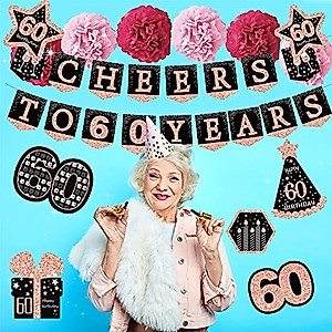 60th birthday decorations for women - (21pack) cheers to 60 years rose gold glitter banner for women, 6 paper Poms, 6 Hanging Swirl, 7 decorations stickers. 60 Years Old Party Supplies gifts for women