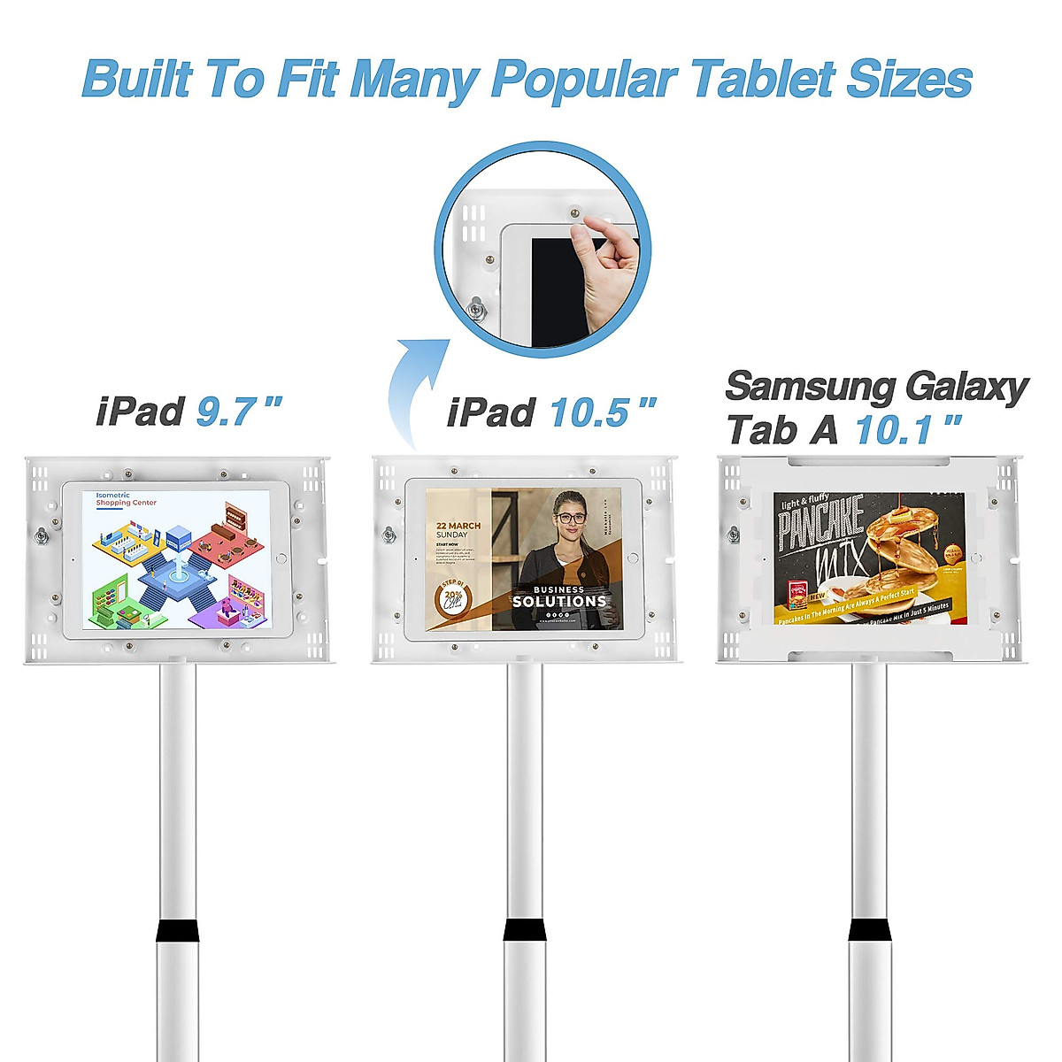 AVLT Height Adjustable Anti-Theft 10.5” Tablet Kiosk Floor Display Stand Compatible with iPad 9.7", 10.2", Pro 10.5", Air 10.5" (Gen 3), Samsung Galaxy Tab A 10.1" (2019) - White