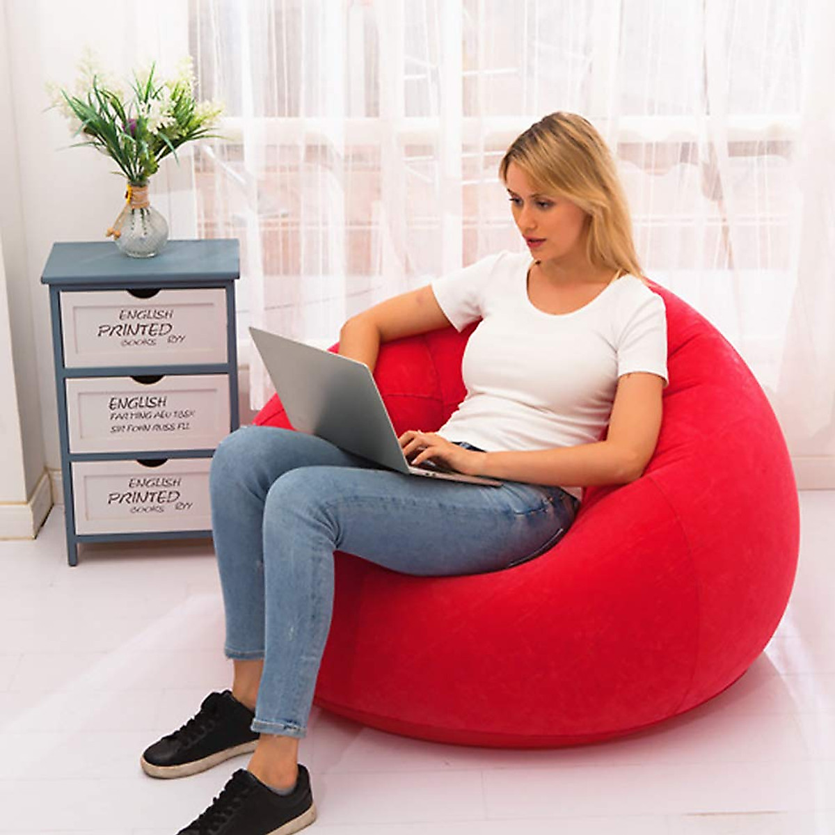 DENPETEC Bean Bag Chair Sofa Lounger Flocking PVC Lazy Inflatable Sofa Couch for Adults Home Dorm Room Living Room Comfortable Bean Bag Chair Foldable (Inflator not included)