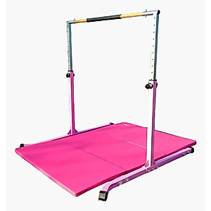 Athletic Bar Kids Gymnastics Horizontal Kip Bar with 6 FT x 4 FT Tumble Mat and Balance Beam Full Set, Adjustable 3 to 5 FT Gymnastic Junior Training Bar for Gymnasts Children, Fiberglass Rail (Pink)