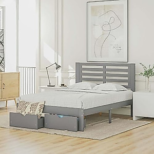 Full Size Bed Frame with 2 Drawers, Full Bed Frame with Storage, Wooden Platform Bed Frame with Headboard, Noise Free, No Box Spring Needed for Teens Adults Bedroom (Gray)