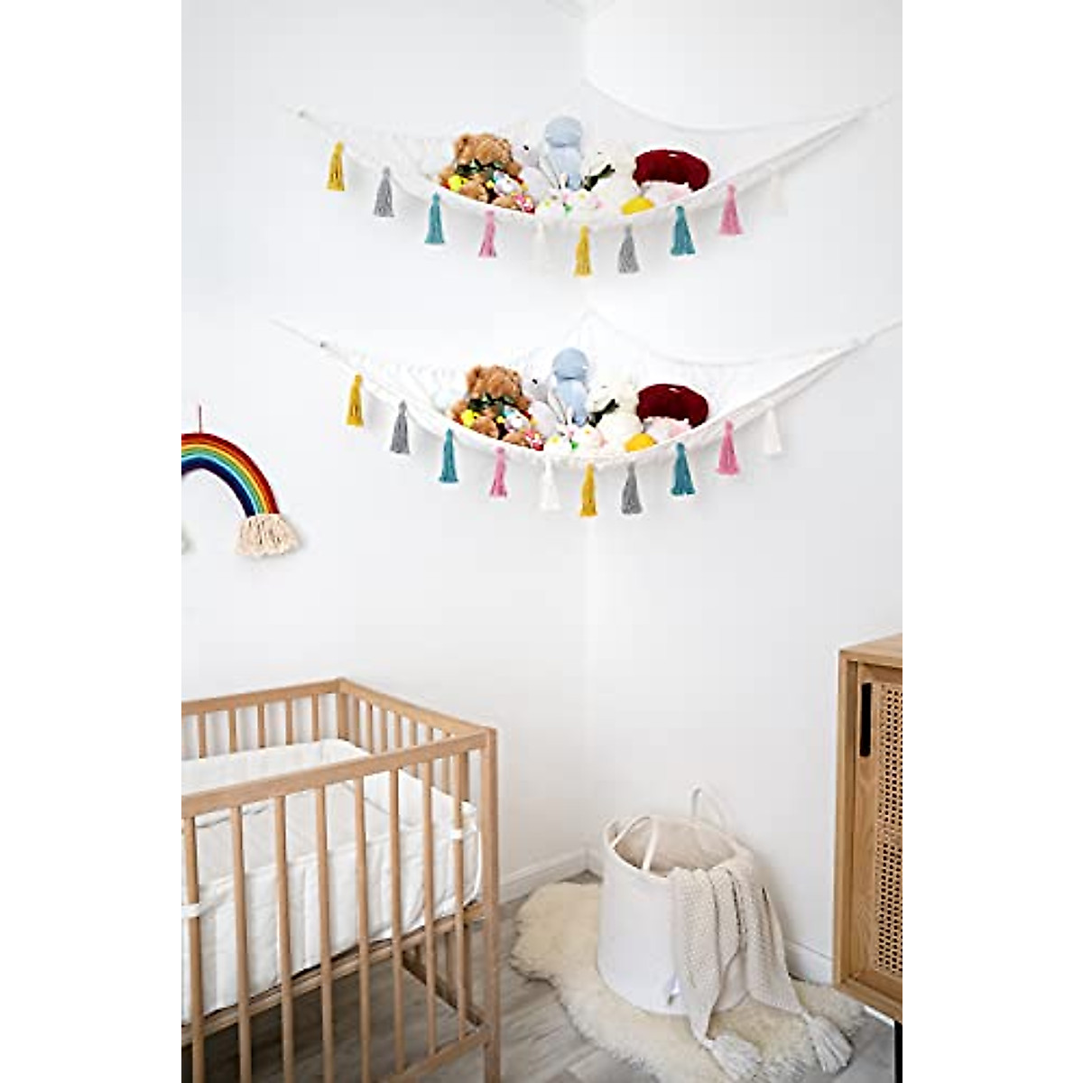 Mkono Stuffed Animal Toys Hammock Boho Hanging Stuff Animals Storage Organizer with Decorative Tassels Corner Large Capability Toy Net Holder for Nursery Playroom Kid's Room Bedroom, 2 Pieces, Small