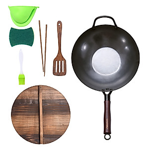 XEEYAYA Carbon Steel Wok Pan with Lid, Chinese Flat Bottom Woks and Stir Fry Pans, 12.5" Hand Hammered Traditional Wok for Electric, Induction & Gas Stoves