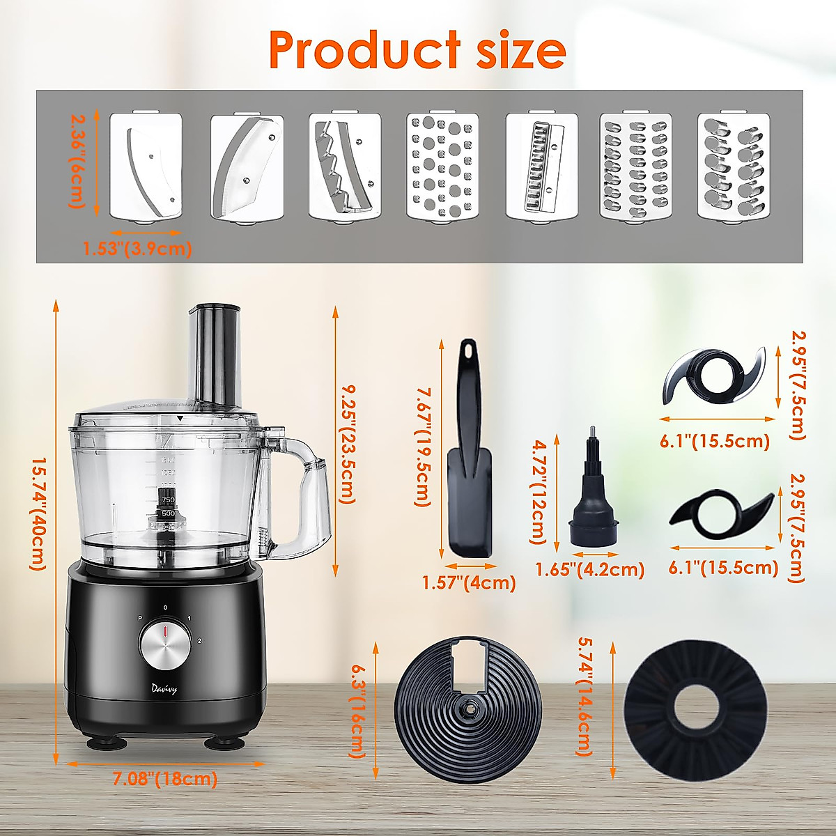 Davivy 7 Cup Food Processor, 10 Functions Built-in Storage Drawer Vegetable Chopper with 10 set blades,French fry cutting,Wavy slicing for Home Use,2-Speed & PULSE, Black,600W (7-Cup Built-in Drawer)