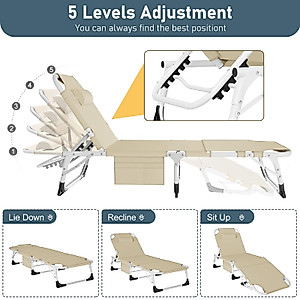 Barbella Heavy Duty Tanning Chair Lounge Chair, Folding Beach Lounger with Face Arm Hole, Adjustable 5-Position Patio Chaise Lounges for Patio, Poolside, Lawn Outside Sunbathing, Beige Gray