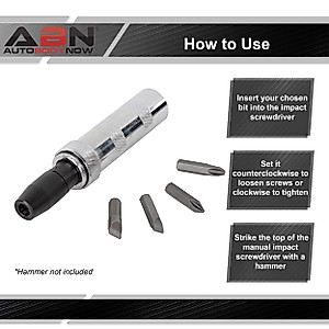 ABN Manual Reversible Impact Driver Set - Flathead 5/16 and 3/8in and Phillips #2 and #3 Hand Impact Driver Tool Bits