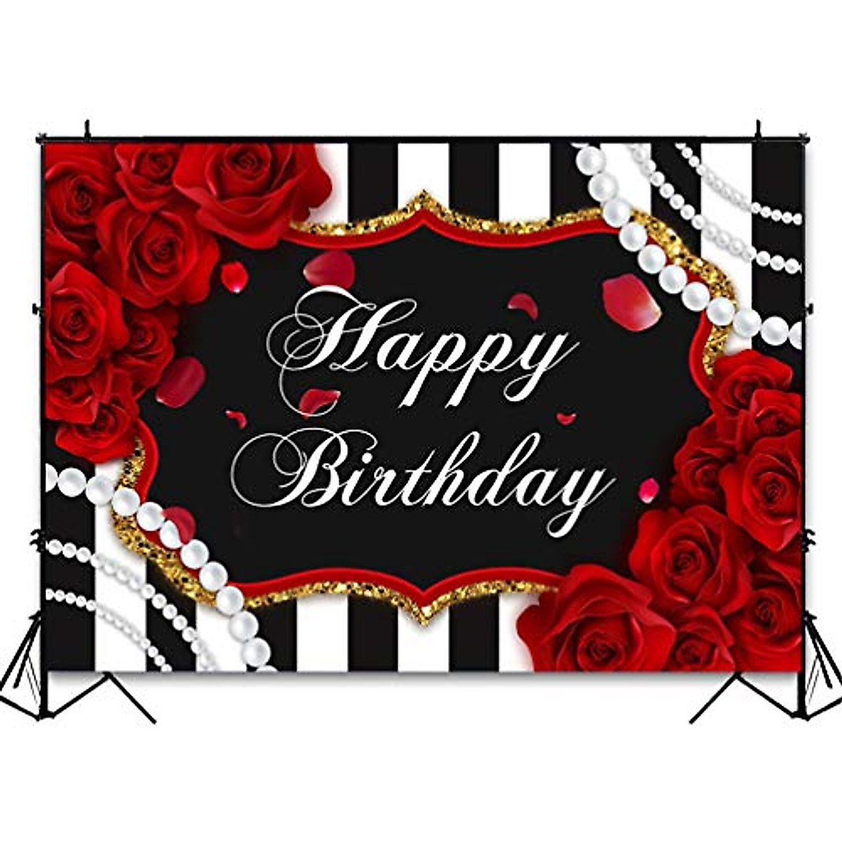 Avezano Red Rose Birthday Backdrop for 7x5ft Red Roses Flowers Pearl Black and White Stripes Happy Birthday Photography Background for Girl Women Decorations Banner Photo Booth Supplies