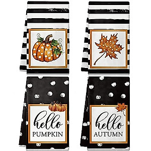 Norme 4 Pcs Thanksgiving Fall Hello Pumpkin Kitchen Towels, 18 x 28 Inch Fall Dish Towels Hello Autumn Polka Dot Stripes Black and White Kitchen Towels Absorbent Drying Cloth for Bathroom Decor Hand