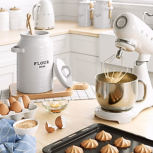 Barnyard Designs Flour Canister for Kitchen Counter, Decorative Ceramic Flour Container, Rustic Farmhouse Canister Jar, White