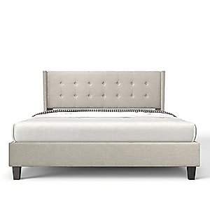 BONSOIR Bed Frame Upholstered Traditional Low Profile Platform with Wing Back Headboard/No Box Spring Needed/No Bed Skirt Needed/Linen Fabric Upholstery/Sand (Sand, King Size)