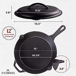Cuisinel Cast Iron Skillet with Lid - 12"-inch Pre-Seasoned Covered Frying Pan Set + Silicone Handle & Lid Holders + Scraper/Cleaner - Indoor/Outdoor, Oven, Stovetop, Camping Fire, Grill Safe Cookware