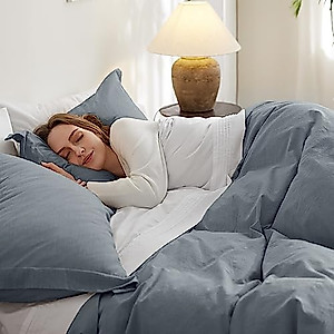 Bedsure 100% Washed Cotton Duvet Cover Queen - Grey Blue Minimalist Cotton Duvet Cover Set Linen Like - 3 Pieces Plain Simple Cotton Duvet Cover Set with 2 Pillow Shams (Grey Blue, Queen, 90"x90")