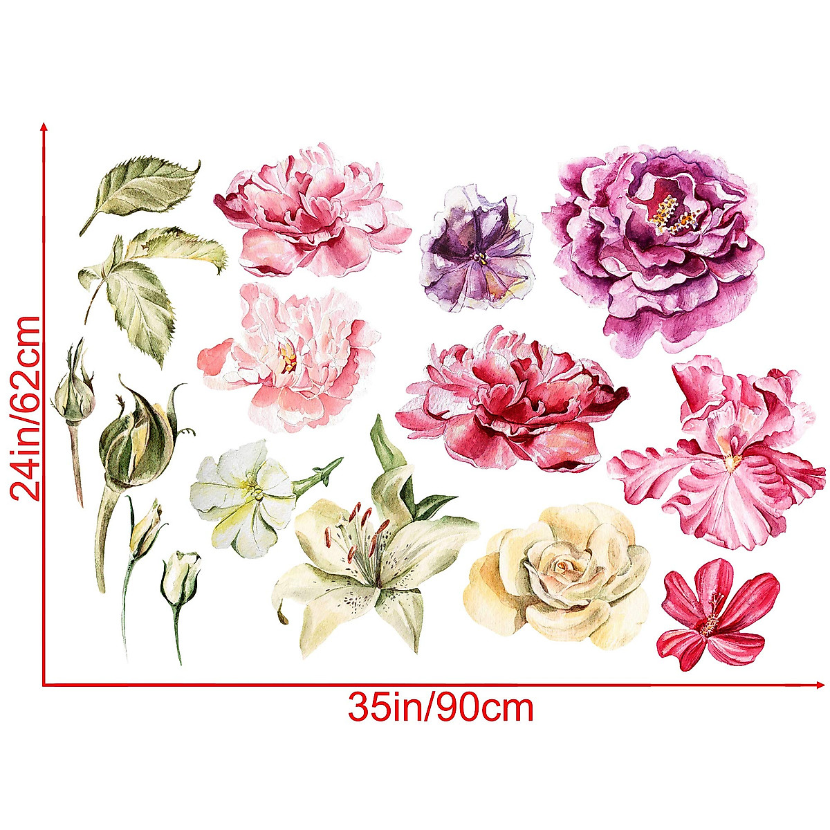 Amaonm Removable 3D Beautiful Pink Red Peony Flower with Green Plants Leaf Wall Decal Wall Stickers DIY Peel and Stick Art Decor for Kids Girls Bedroom Living Room Nursery Decoration (C)