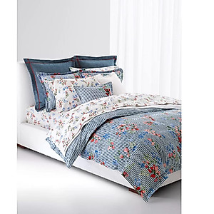 Lauren Ralph Lauren Maggie Floral Stripe Full Queen 3 pc Duvet Cover Set Shams Blue Pink White (Queen (U.S. Standard))