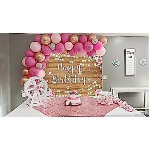 Pink Birthday Party Decorations,Butterfly Rustic Wood Flowers Happy Birthday Backdrop Banner Hot Pink Balloon Arch Garland Kit for Women Girl Birthday Party Supplies